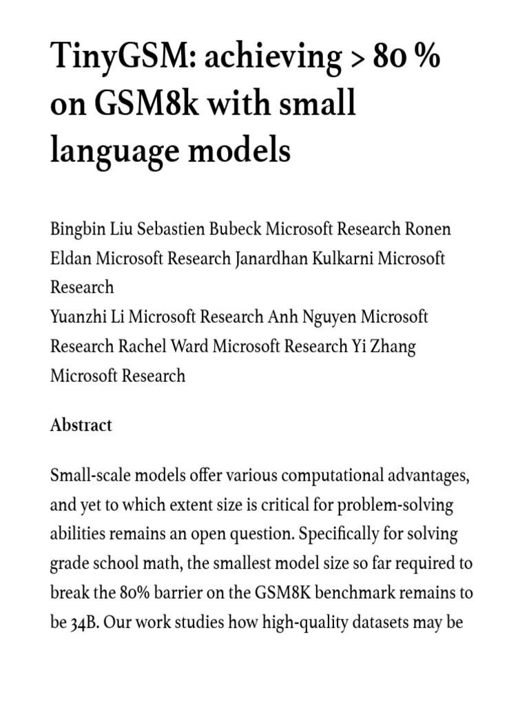TinyGSM: Small Models Solve GSM8K | PDF | Robust Statistics | Mathematics
