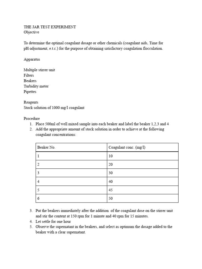 Jar Test Coagulant Dosage Analysis | PDF | Titration | Chemistry