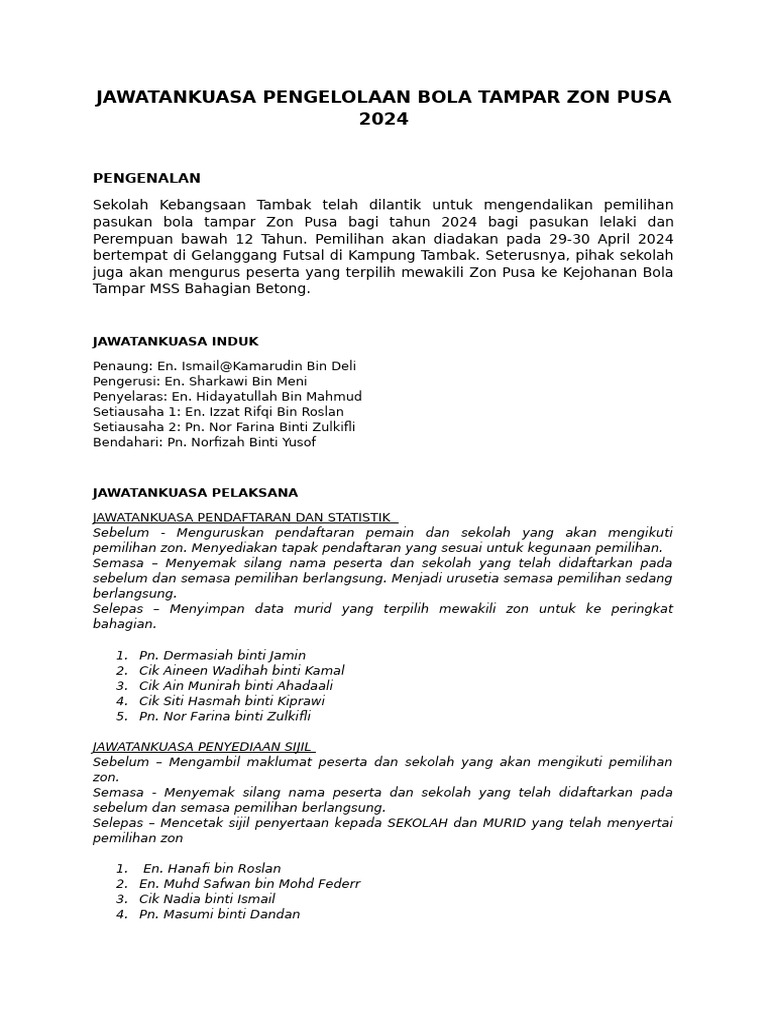 Jawatankuasa Pengelolaan Bola Tampar Zon Pusa 2024 | PDF