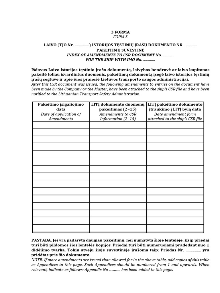 Laivo istorijos tęstinių įrašų dokumento pakeitimų suvestinė (3 forma ...