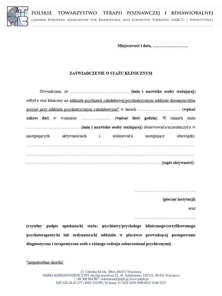 Zaswiadczenie o Stazu Klinicznym Wzor | PDF
