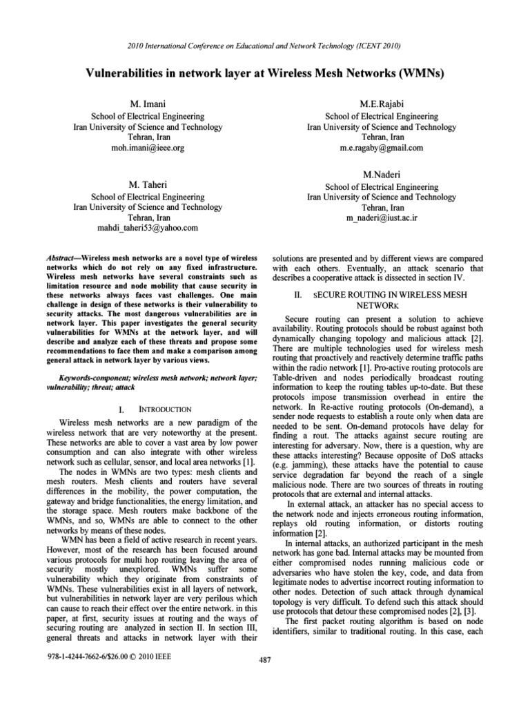 Vulnerabilities in Network Layer at Wireless Mesh Networks WMNs | PDF ...