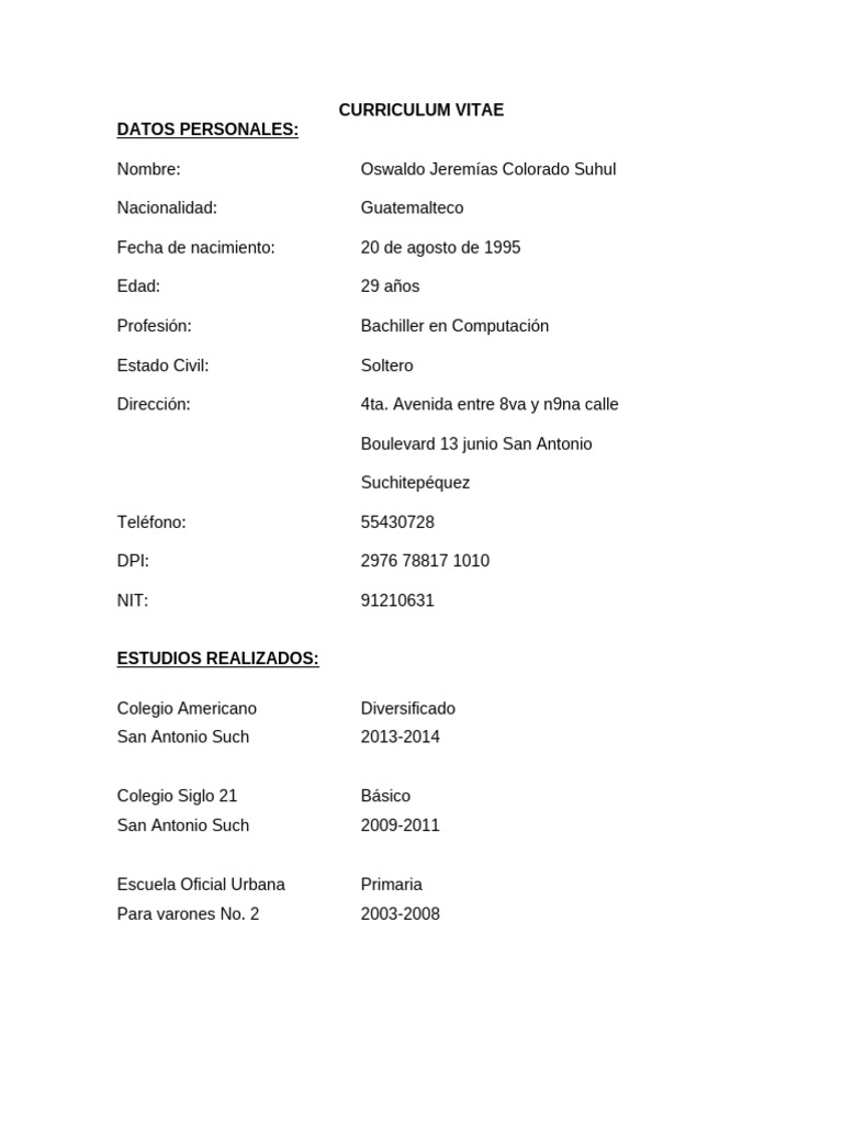 CURRICULUM VITA2 Oswaldo Jeremías Colorado Suhul | PDF
