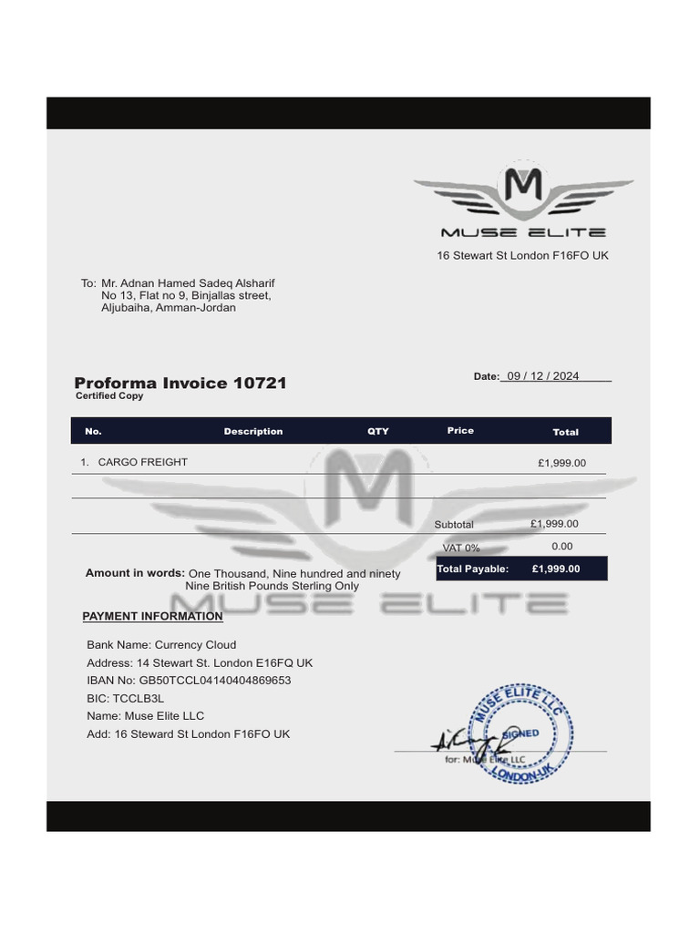 Proforma Invoice - Muse Elite Adnan | PDF