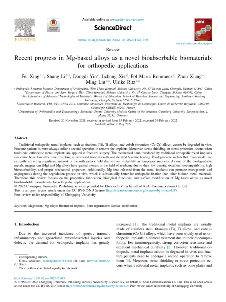 Mg Based Bioabsorbable | PDF | Magnesium | Bone