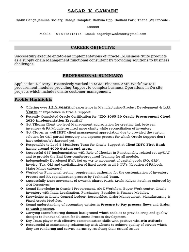 SAGAR RESUME (Oracle Scm Functional) | PDF | Computer Aided Design | Inventory