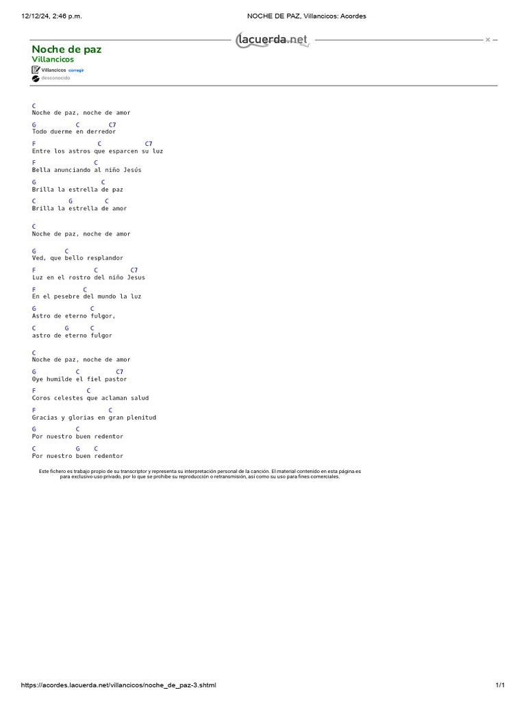 NOCHE de PAZ, Villancicos - Acordes V2 C | PDF