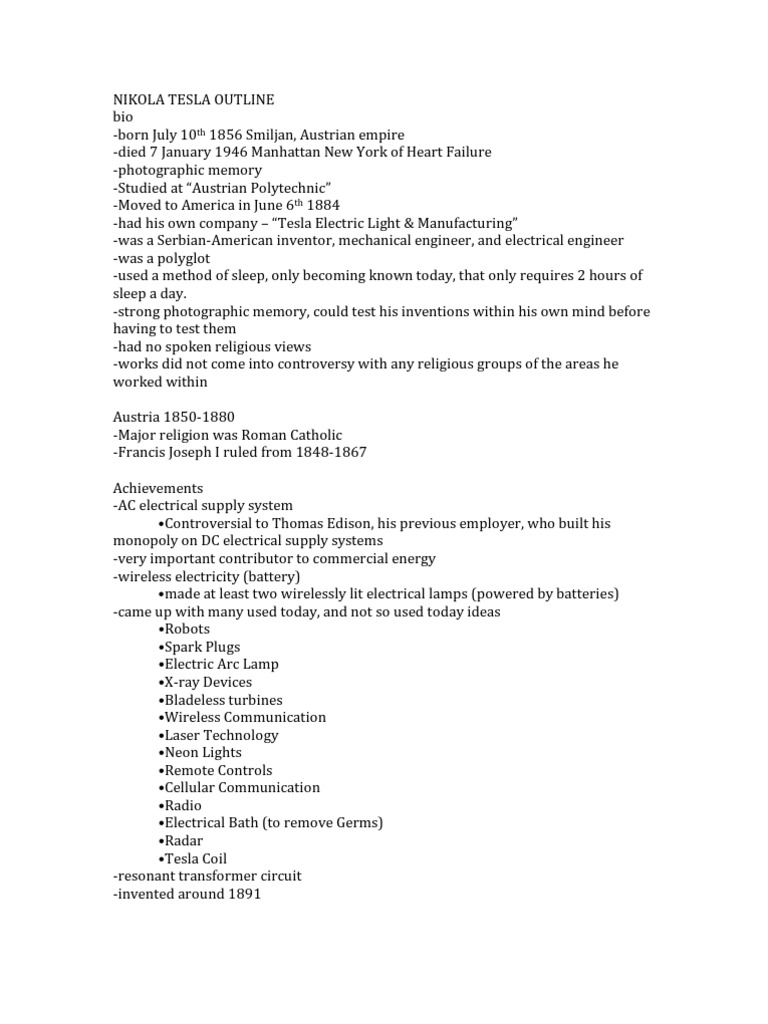 Nikola Tesla Outline | PDF | Science & Mathematics