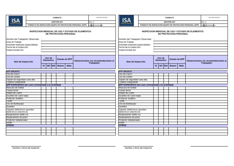 Isa-Hse-For-083 Formato de Inspección Equipo de Protección Personal ...