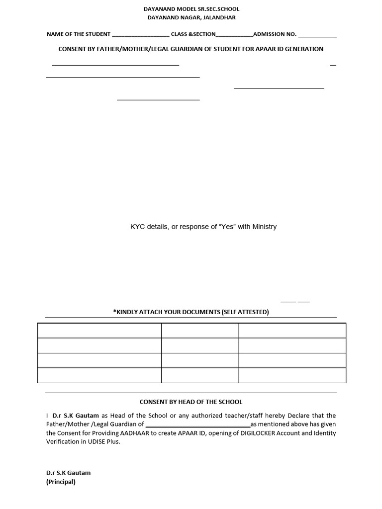 Consent by Fathermotherlegal Guardian of Student For Apaar Id Generation | PDF | Authentication ...