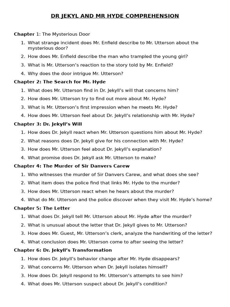 DR JEKYL AND MR HYDE Comprehension | PDF | Strange Case Of Dr Jekyll ...