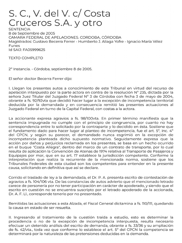 S. C., V. del V. c_ Costa Cruceros S.A. y otro | PDF