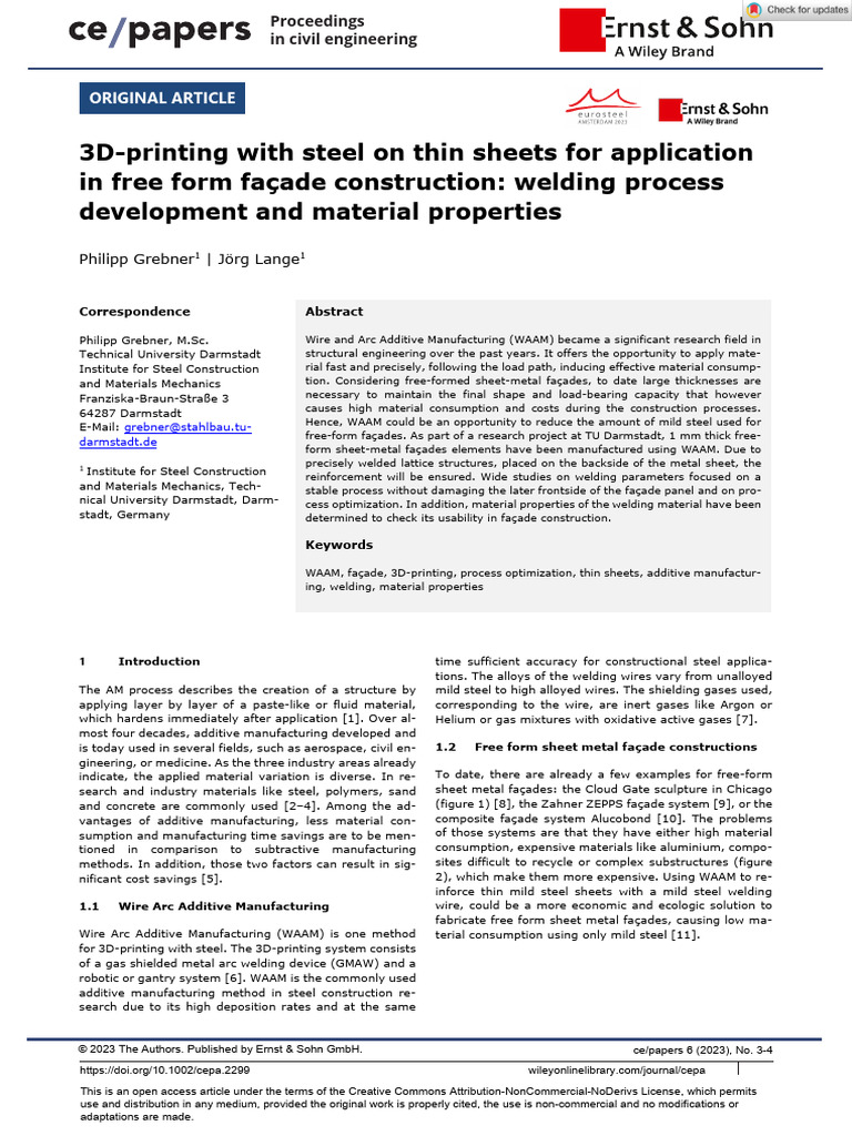 ce papers - 2023 - Grebner - 3D‐printing with steel on thin sheets for application in free form ...