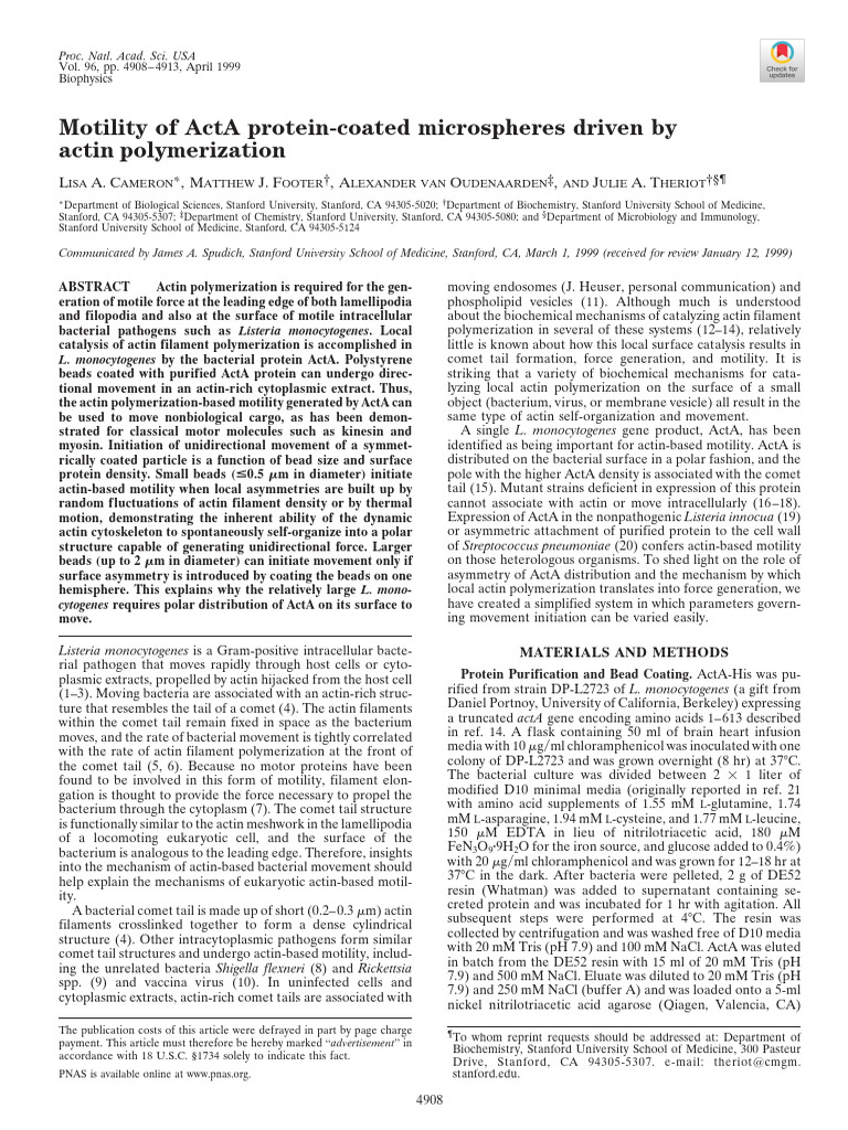 ActA Protein-Coated Beads Motility Study | PDF | Actin | Biochemistry