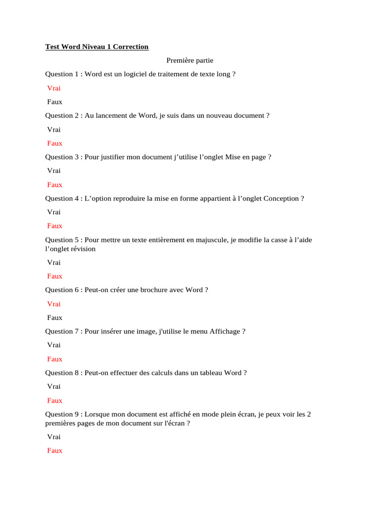 Test Word Niveau 1 avec Corrigés | PDF
