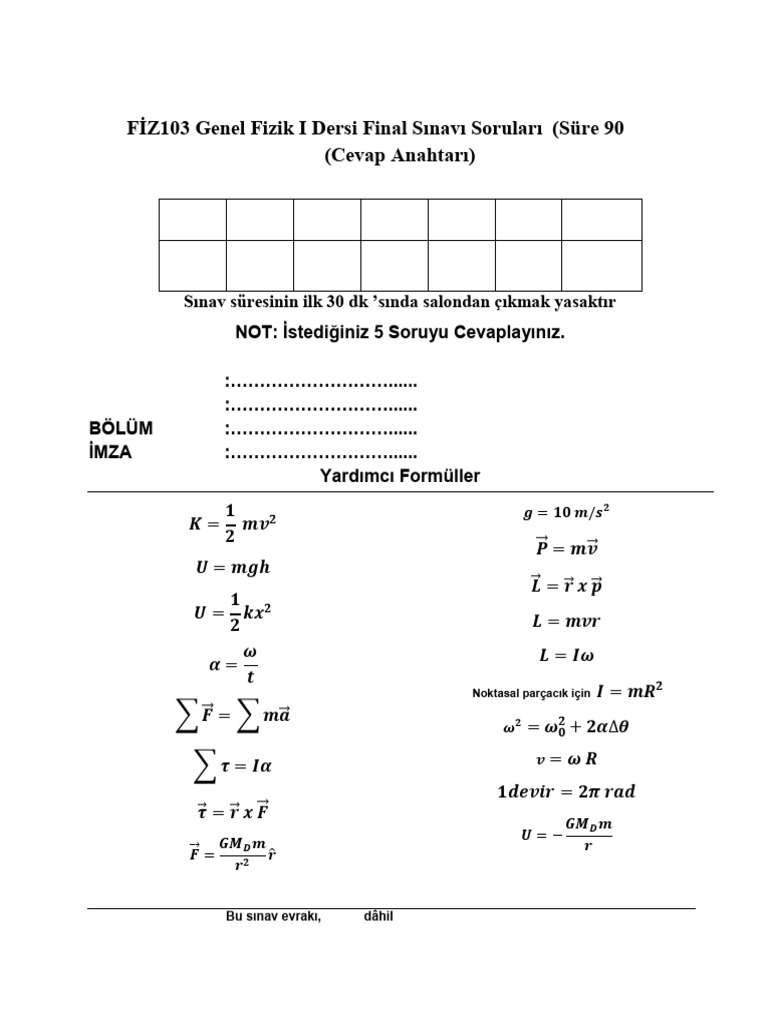 2023 2024 Guz Donemi Genel Fizik i Final Sorulari Cevap Anahtari | PDF