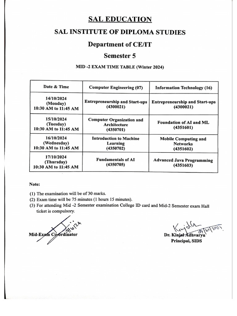 Sem 5 Mid 2 Exam Schedule Winter 2024 | PDF