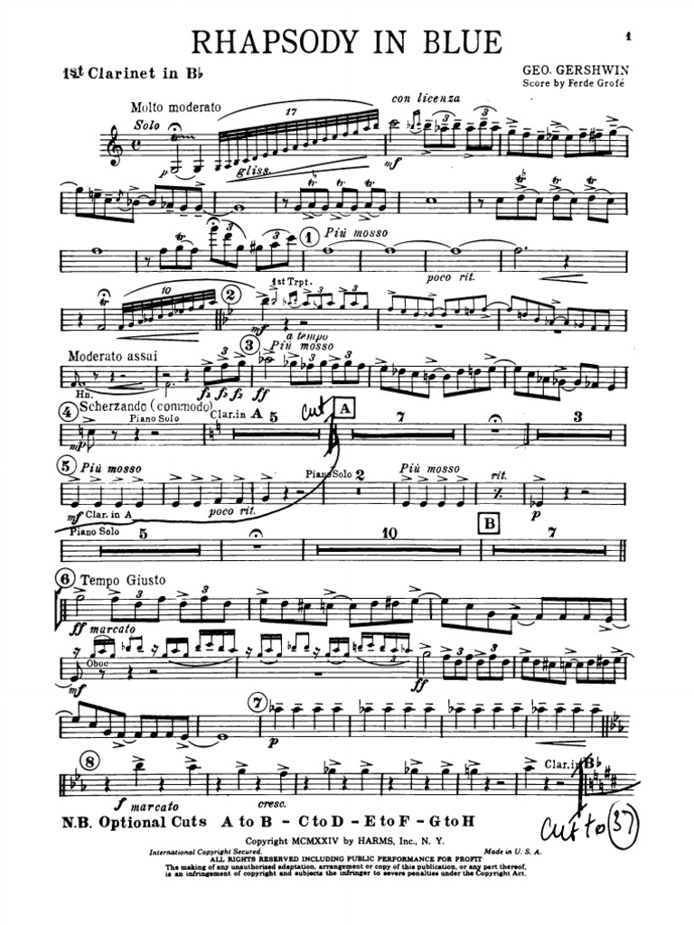 Rhapsody in Blue Gershwin, G Clarinet 1, 2, Bass, Sax 1, 2, 3 | PDF