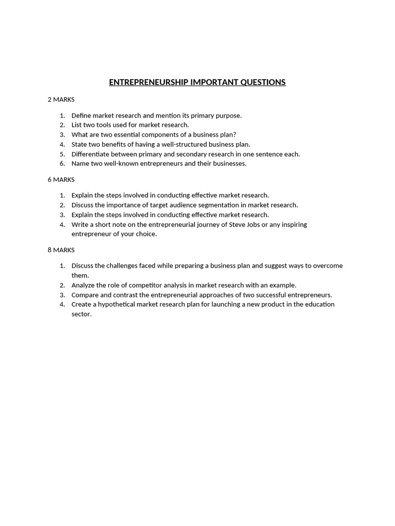 Entrpreneurship Important Questions 3RD Sem | PDF