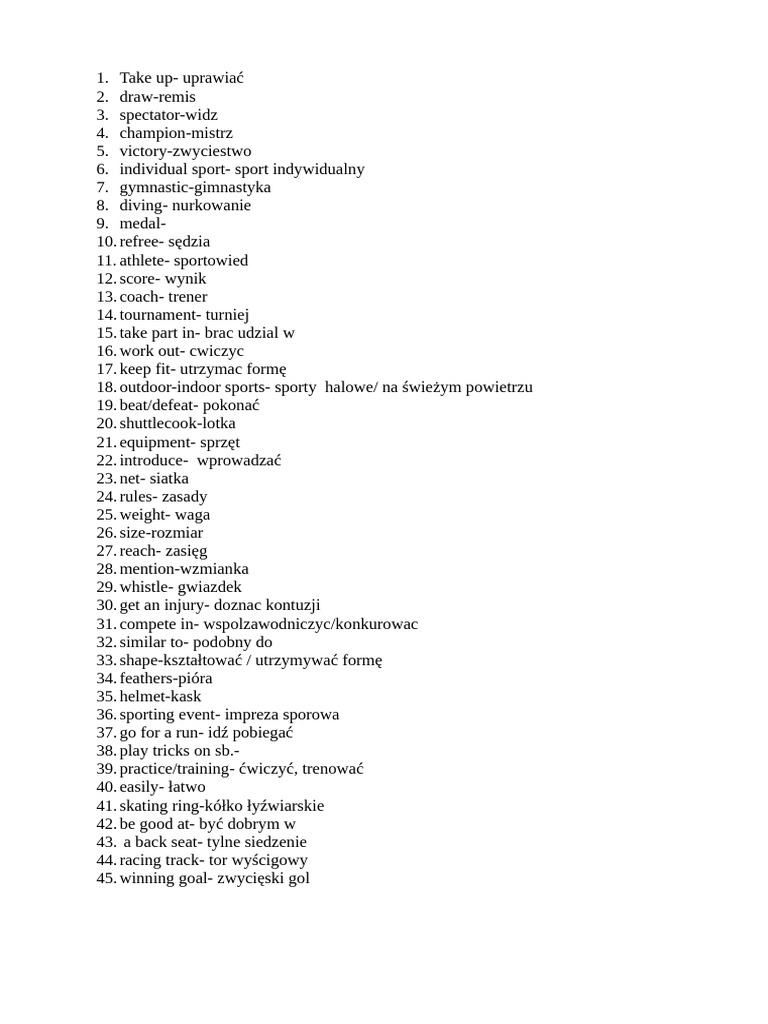 Unit 10 Sport Slówka | PDF