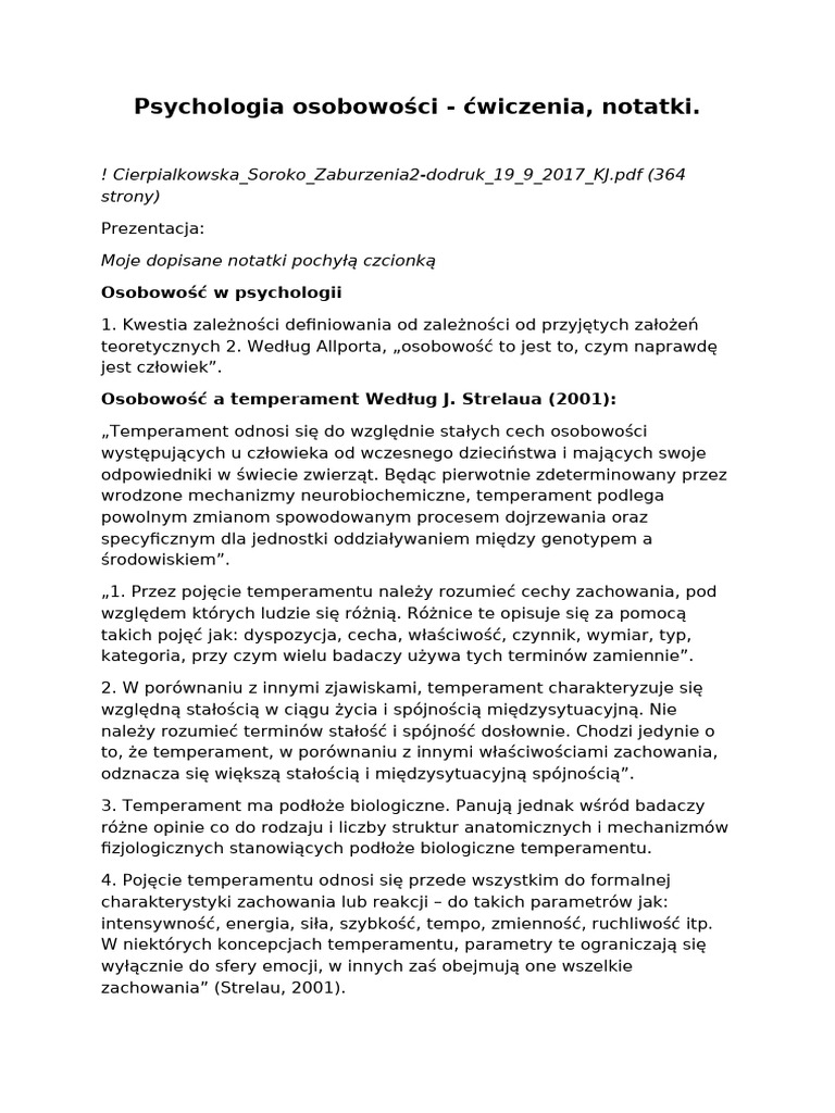 Psychologia Osobowości Notatki Kraszkiewicz | PDF