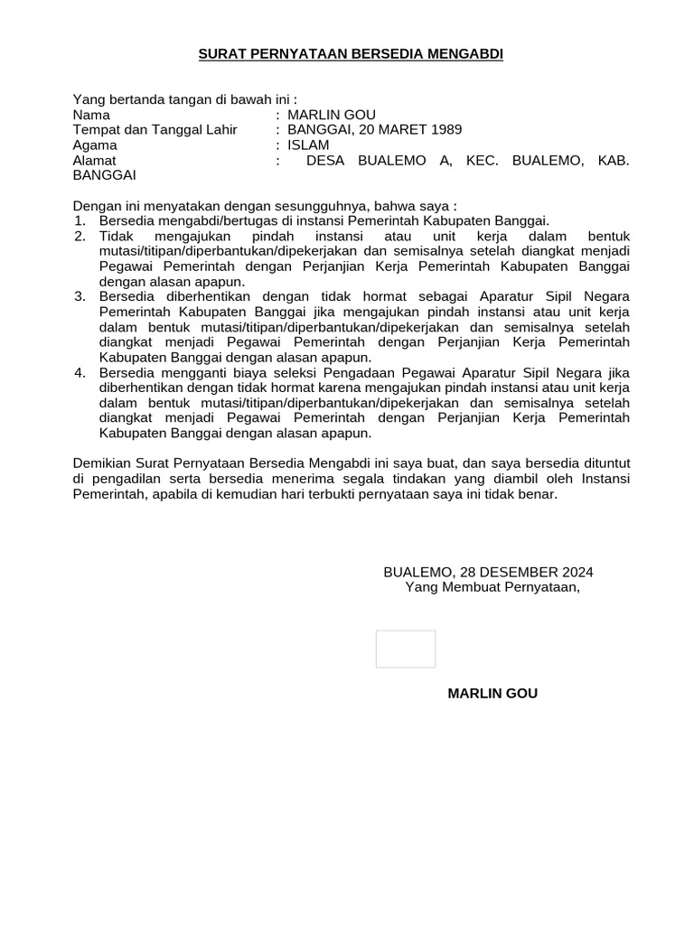 FORMAT SURAT PERNYATAAN BERSEDIA MENGABDI | PDF
