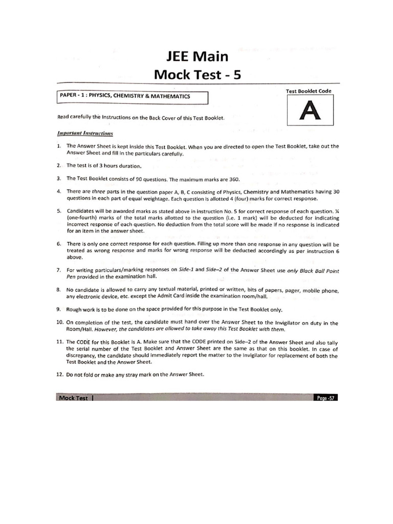 JEE Main Mock Test-5 Questions-1 | PDF