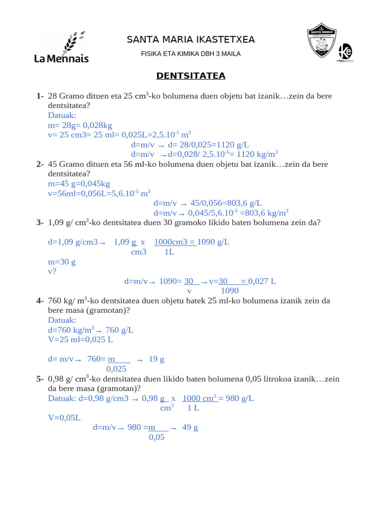 Ariketak 2. Dentsitatea Ariketak - Erantzunak | PDF