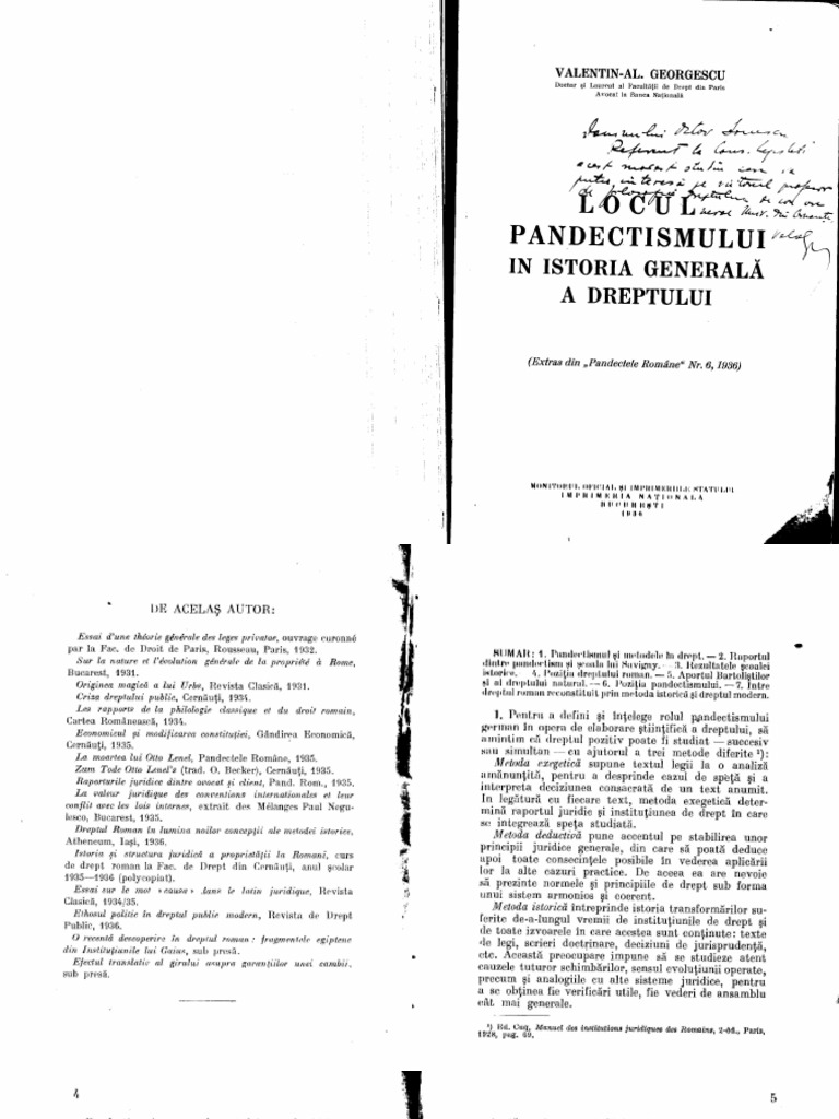 Valentin Al GEORGESCU Locul Pandectismului in Istoria Dreptului 1936 | PDF