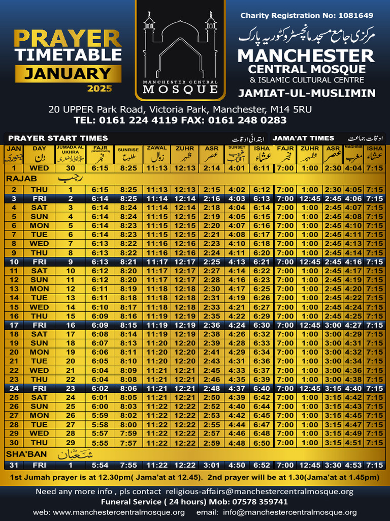 Manchester Central Mosque Timetable 2025 | PDF | Sharia | Prayer