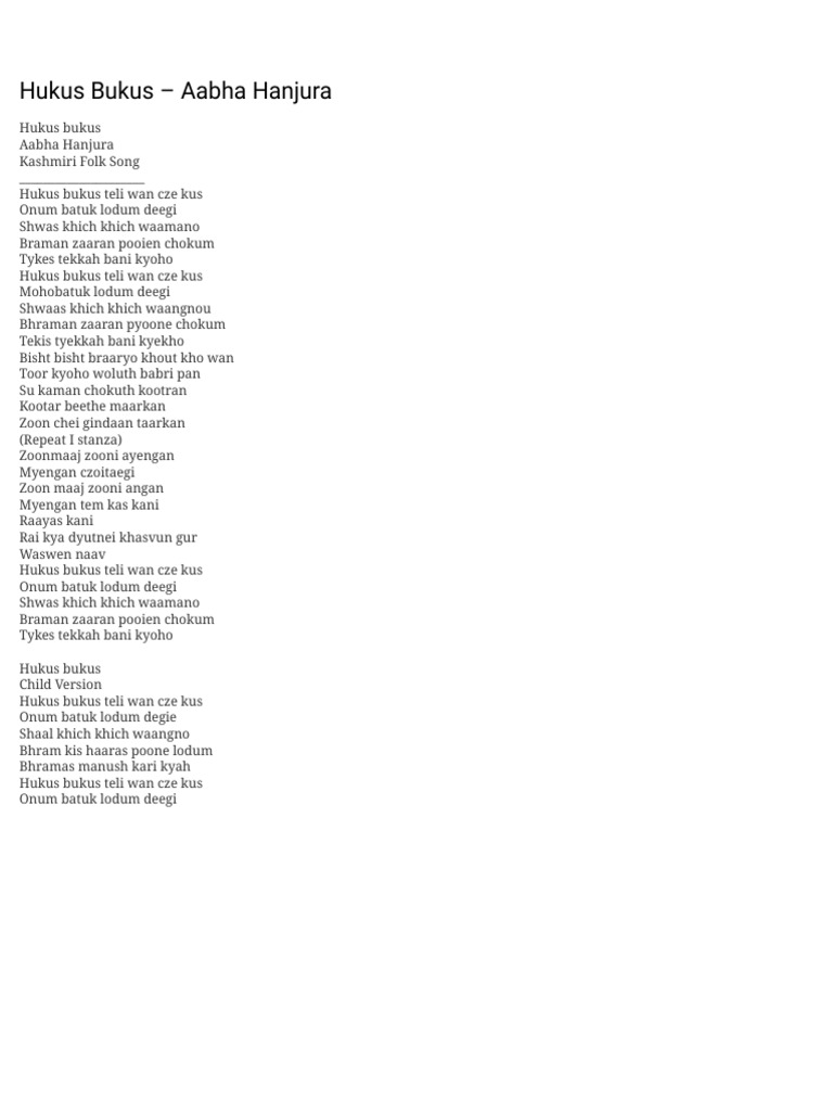 Hukus Bukus - Aabha Hanjura - Kasheer Lyrics | PDF