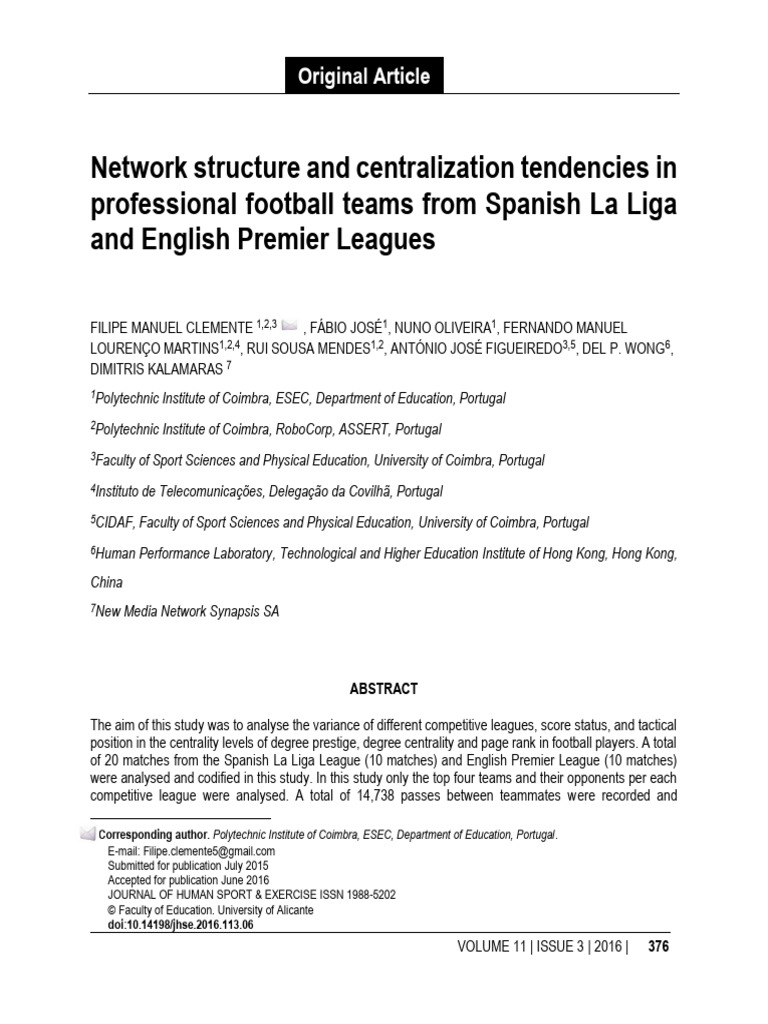 Clemente Et Al. (2016) Network Structure and Centralization Tendencies in Professionnal Spanish ...