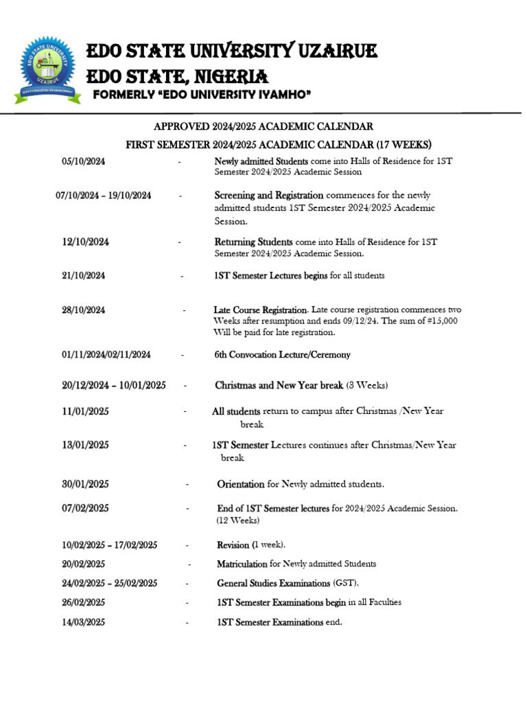 Edo State University Academic Calendar 2024/25 | PDF | Academic Term ...