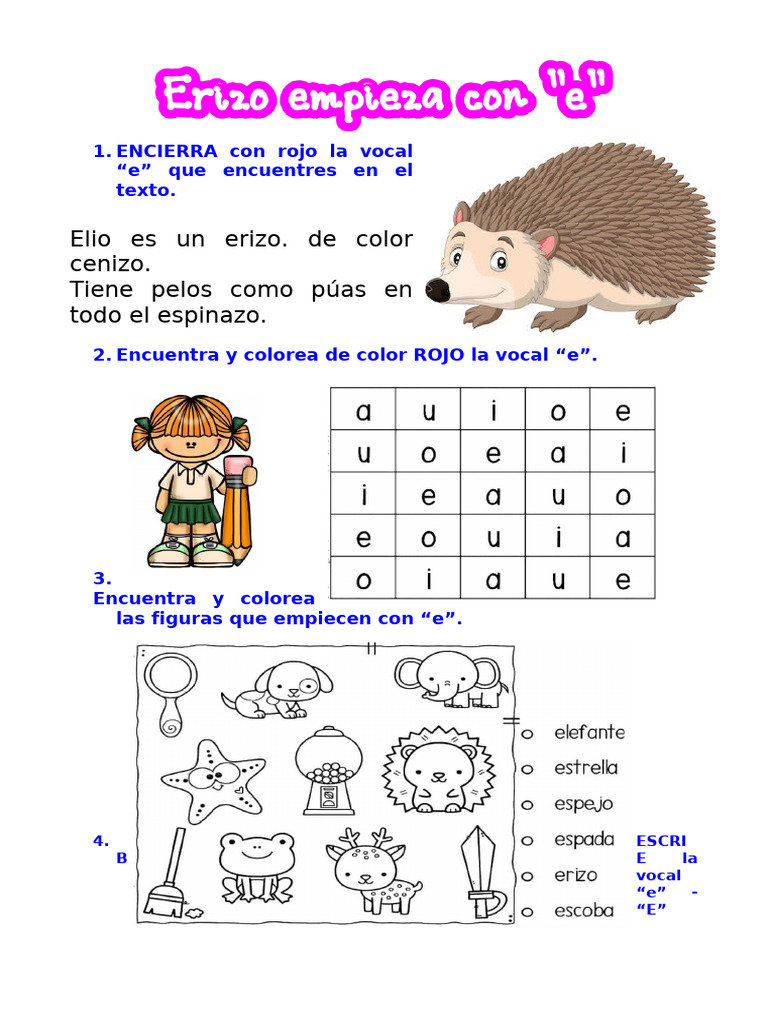 Actividades para aprender la vocal E | PDF
