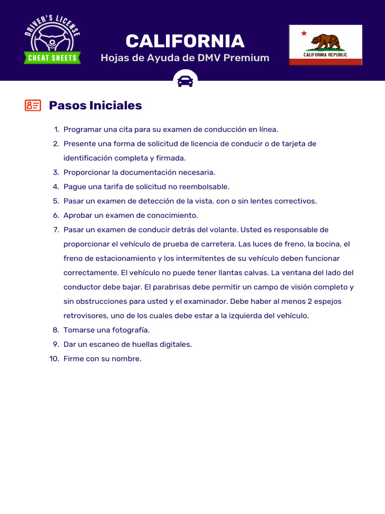DMV Cheat Sheet California Es Auto Premium | PDF | Tráfico | Semáforo