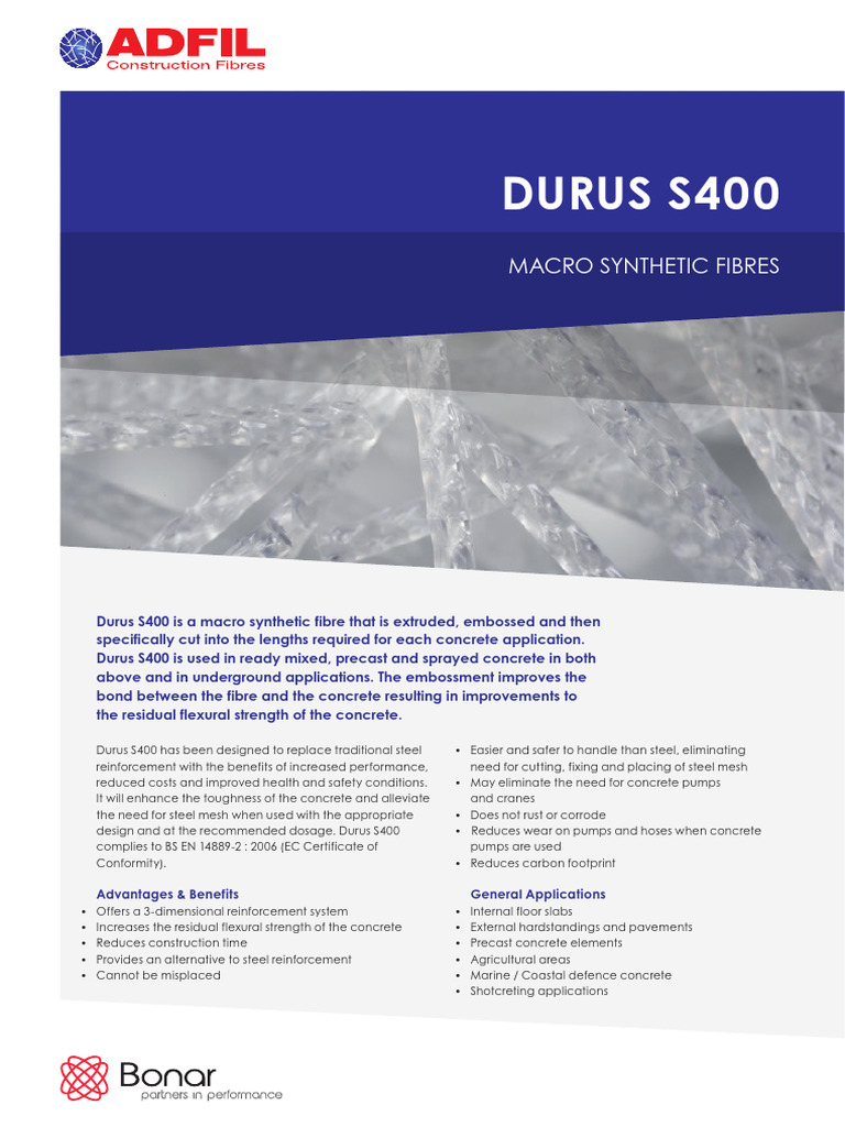 Durus S400 Micro Synthetic Fibers - TDS | PDF | Concrete | Fibers