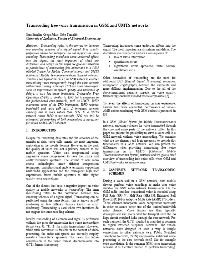 Transcoding Free Voice Transmission in GSM and UMTS Networks | PDF | Computer Network | Gsm