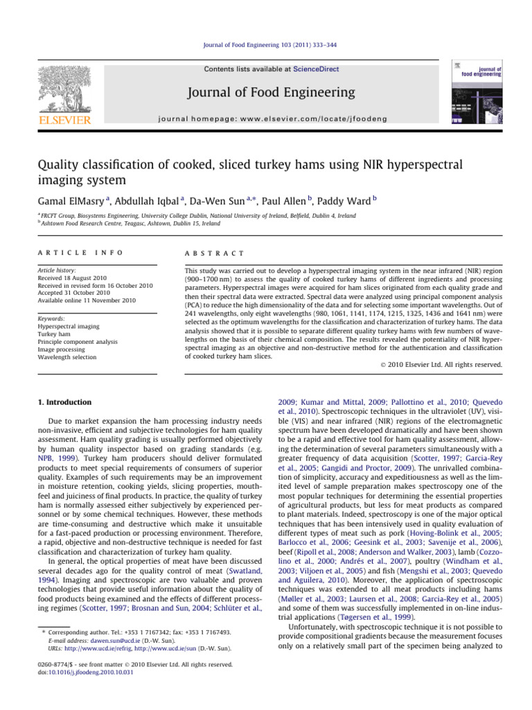 Quality Classification of Cooked, Sliced Turkey Hams Using NIR Hyperspectral Imaging System ...