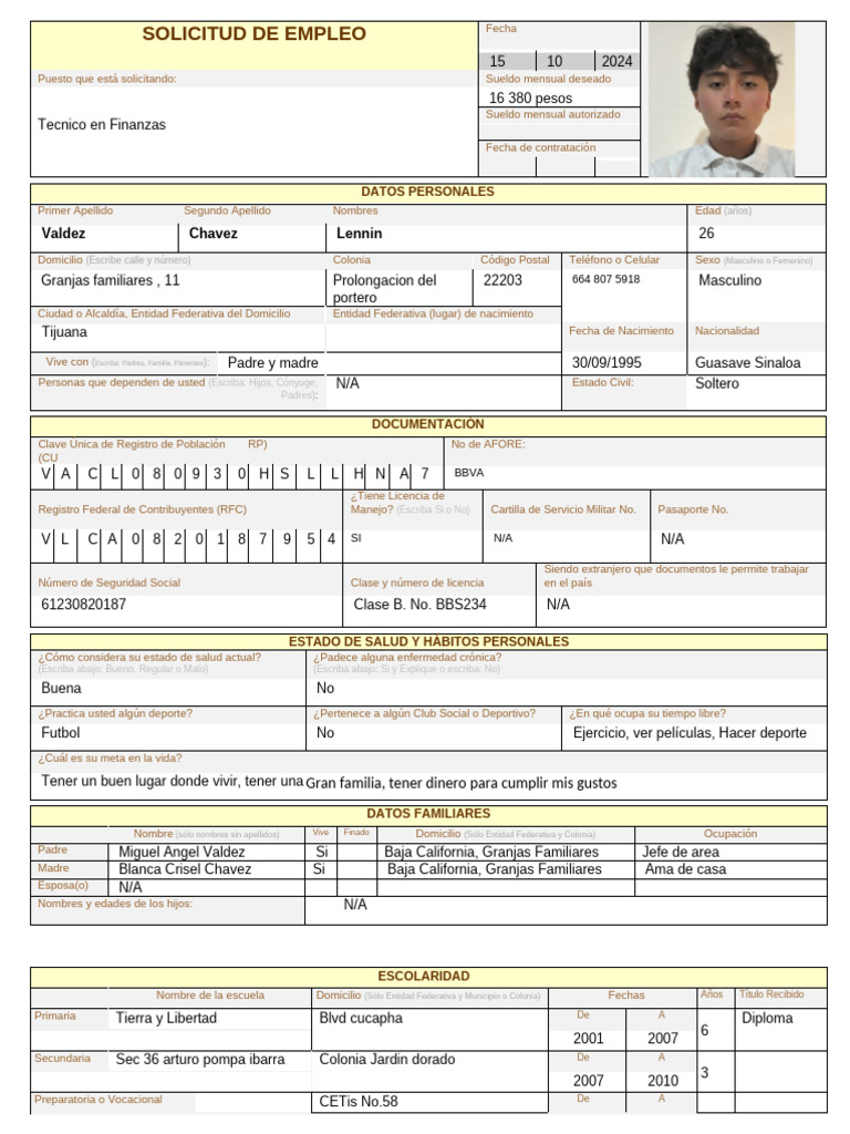 Solicitud de Empleo Leni | PDF