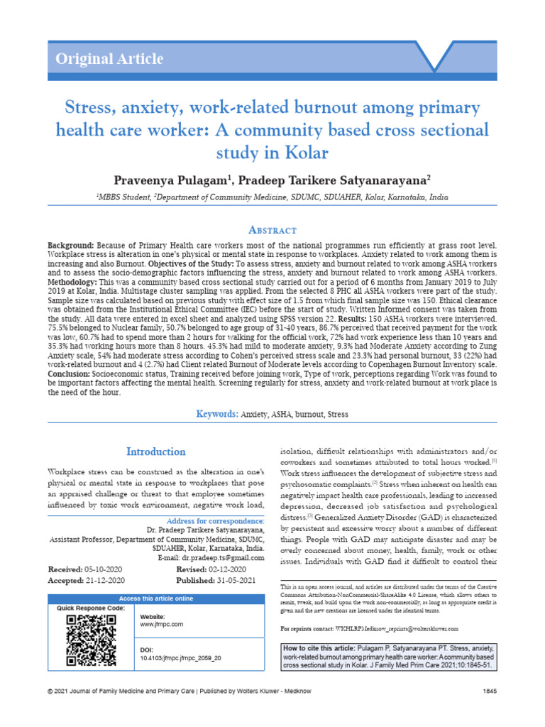 Stress, anxiety, work‑related burnout among primary health care worker ...