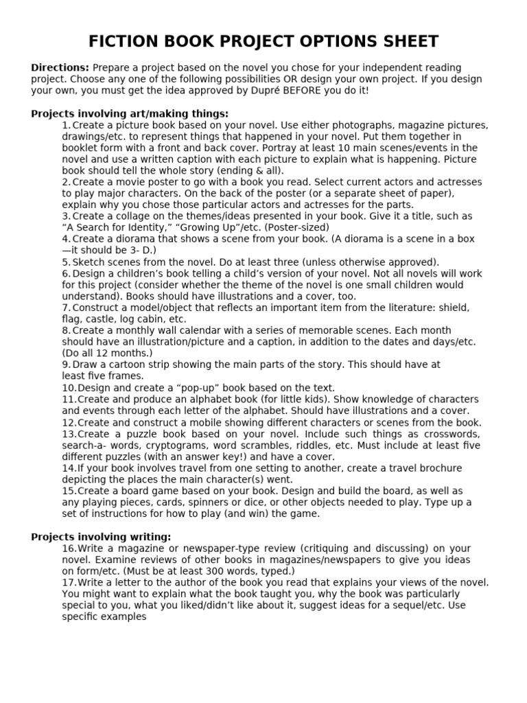 Fiction Book PROJECT OPTIONS SHEET | PDF | Books | Novels