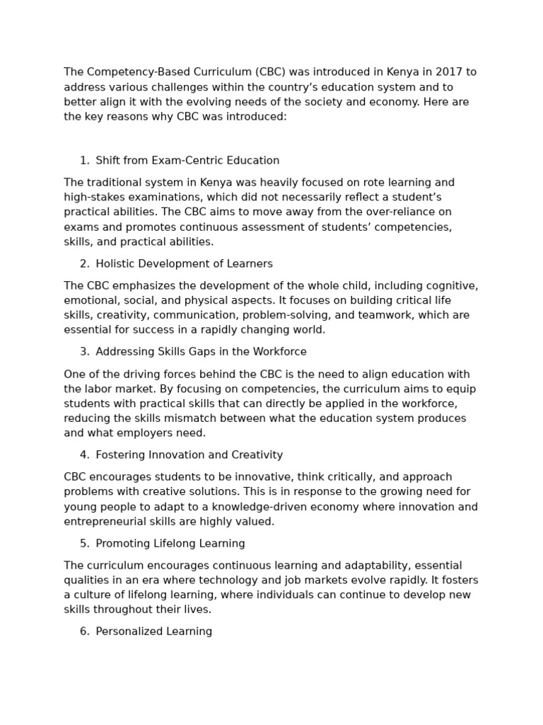 Reason Why Competence Based Curriculum Was Introduced To Kenya | PDF ...
