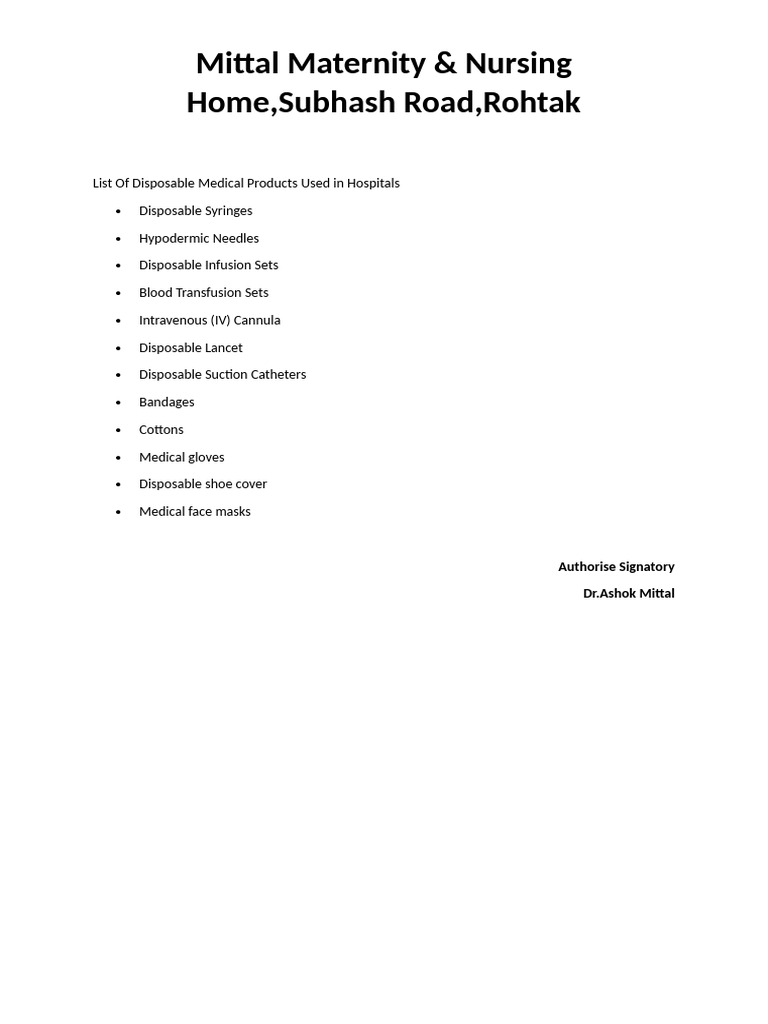 Hospital Disposable Items List | PDF