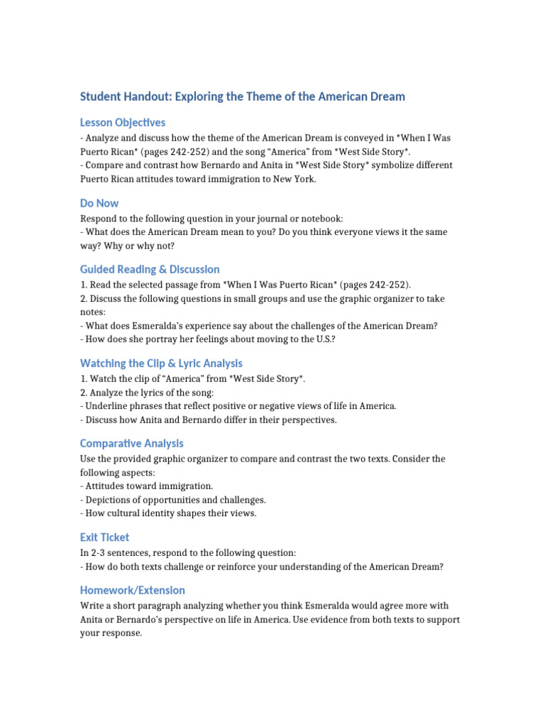 Student Handout Theme of American Dream | PDF