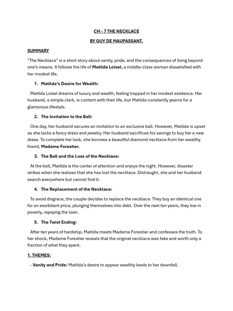 CH - 7 THE NECKLACE Summary | PDF