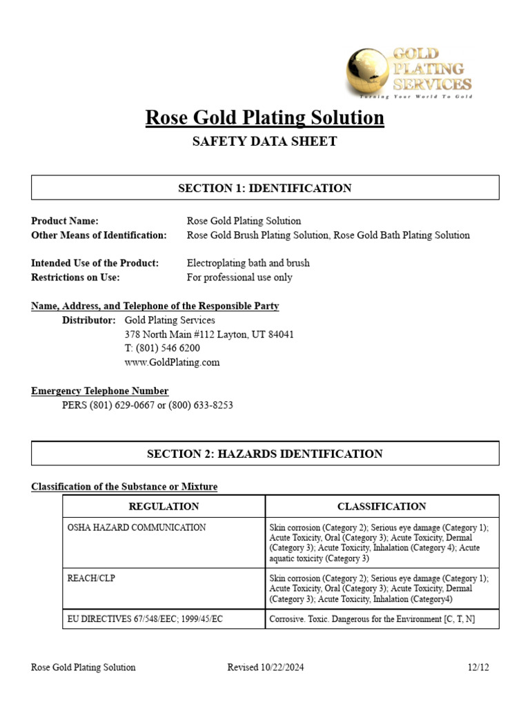Rose Gold Sds 2025 2 Pdf Dangerous Goods Toxicity