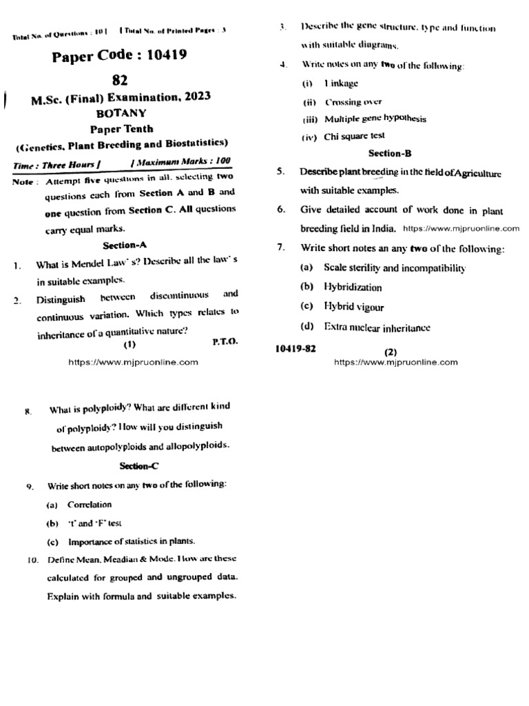 MSC Part 2 Botany Genetics Plant Breeding and Biostatistics 10419 2023 ...