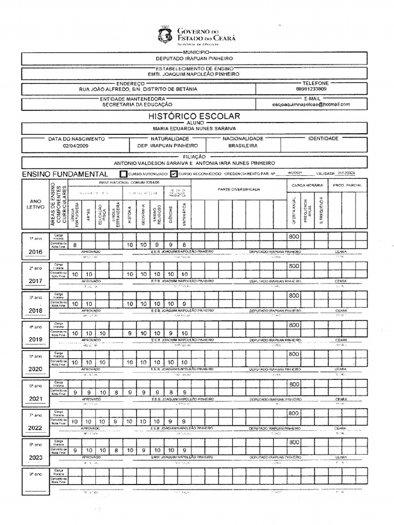 Maria Eduarda Histórico Escolar 2 | PDF