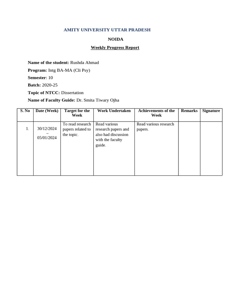 Weekly Progress Report: Dissertation Work | PDF