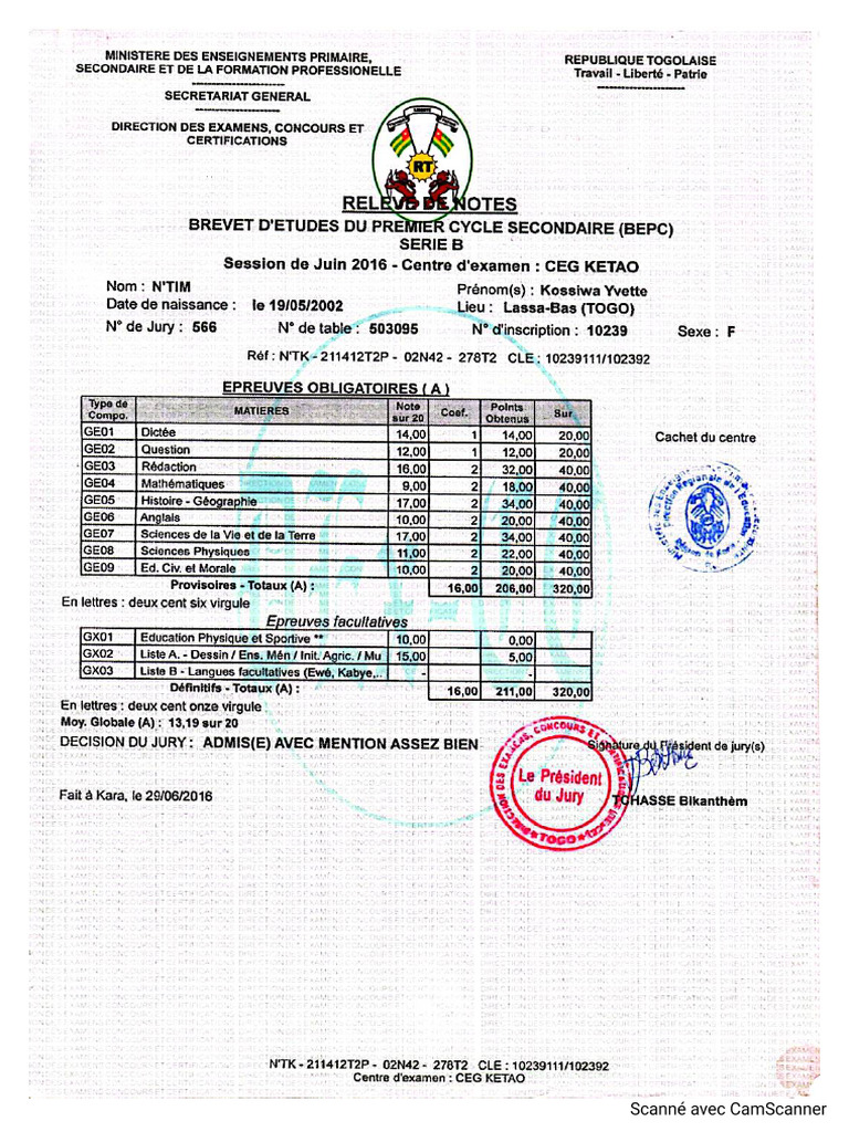 Relevé de Note Du BEPC N'TIM Kossiwa Yvette | PDF